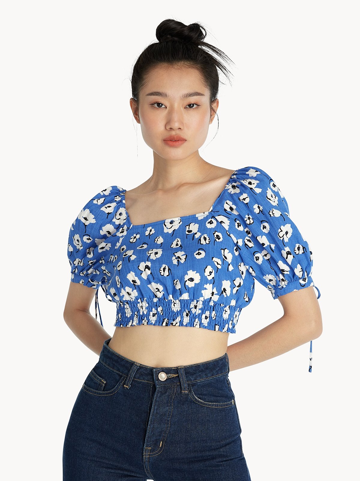 Floral Puffed Sleeves Crop Top Blue Pomelo Fashion