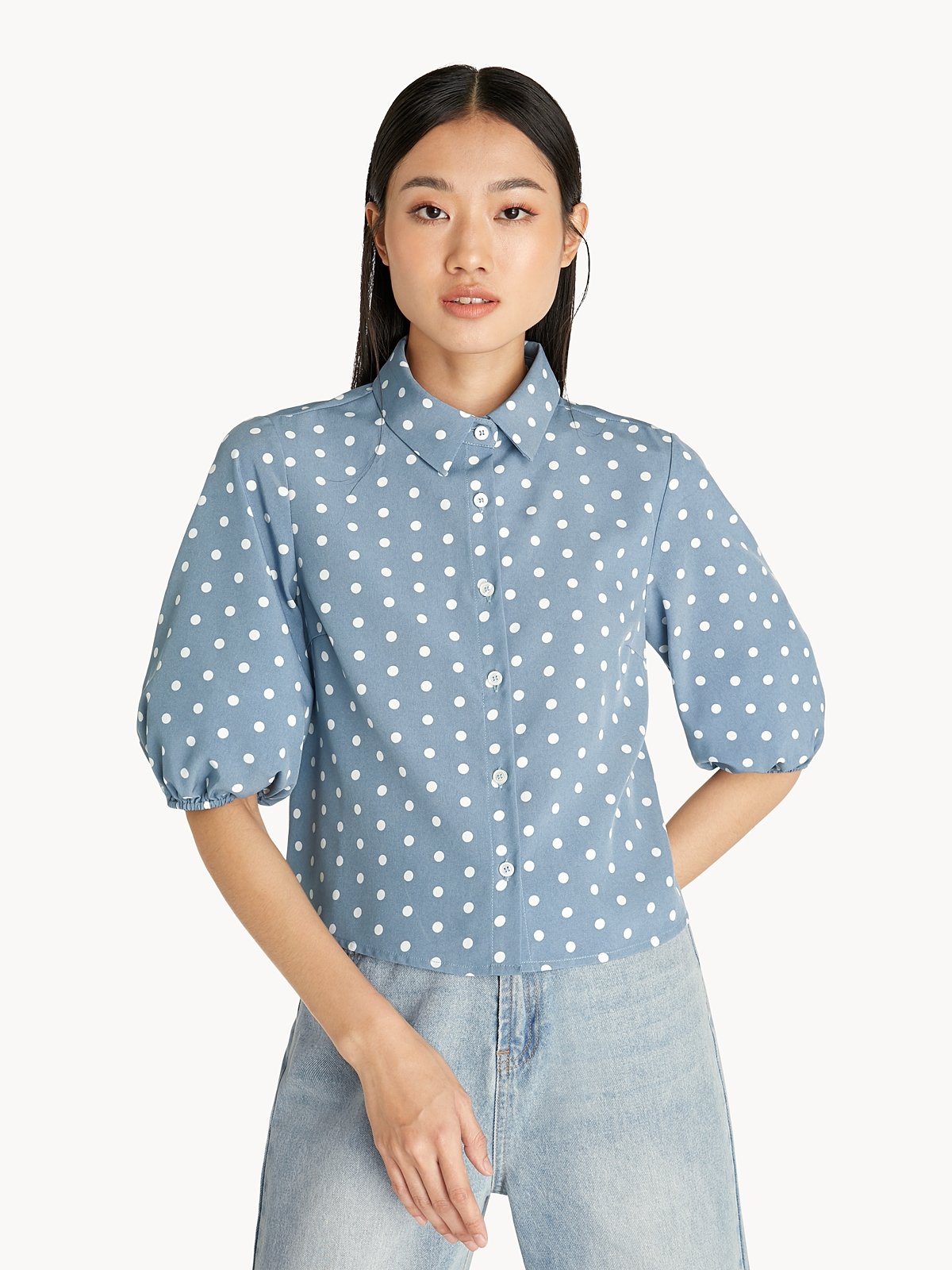 Puff Sleeve Dotted Blouse - Blue - Pomelo Fashion
