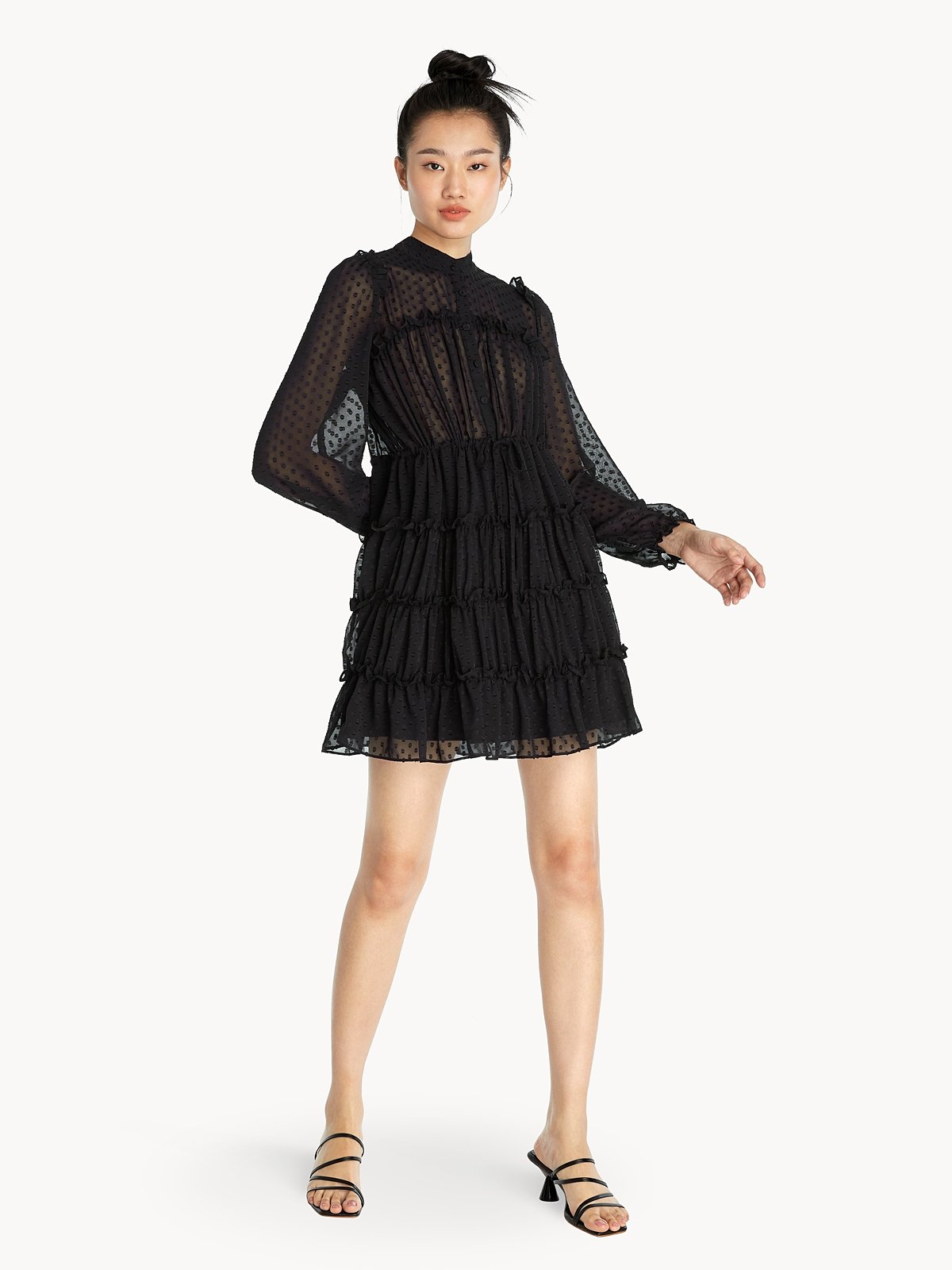 Sheer Frill Button Up Dress - Black - Pomelo Fashion