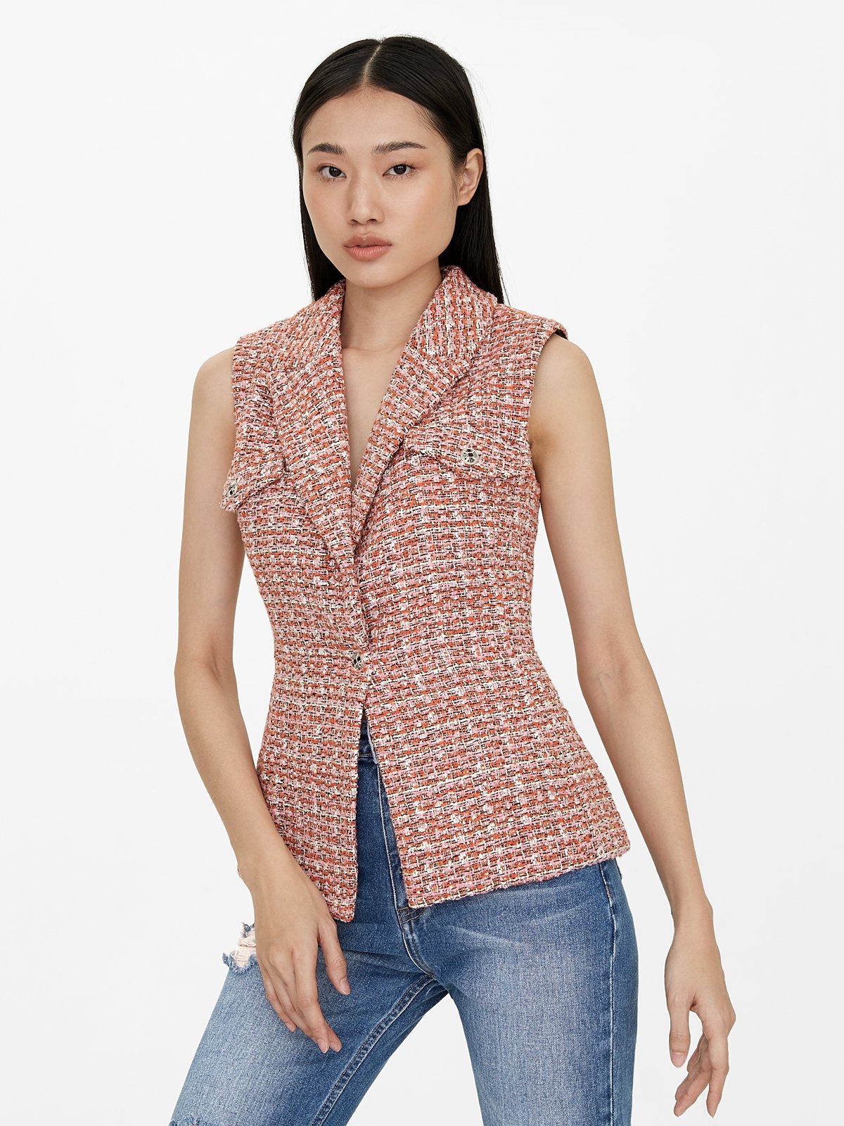 Tweed Single Button Vest - Red - Pomelo Fashion