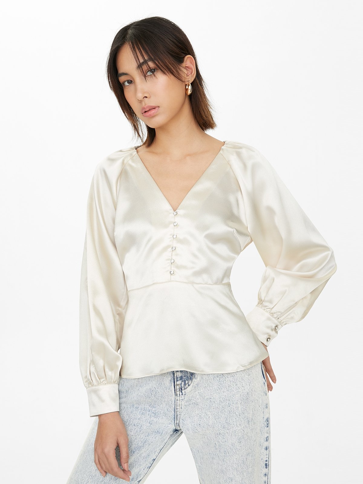 Puffed Sleeves Peplum Satin Blouse - Cream - Pomelo Fashion