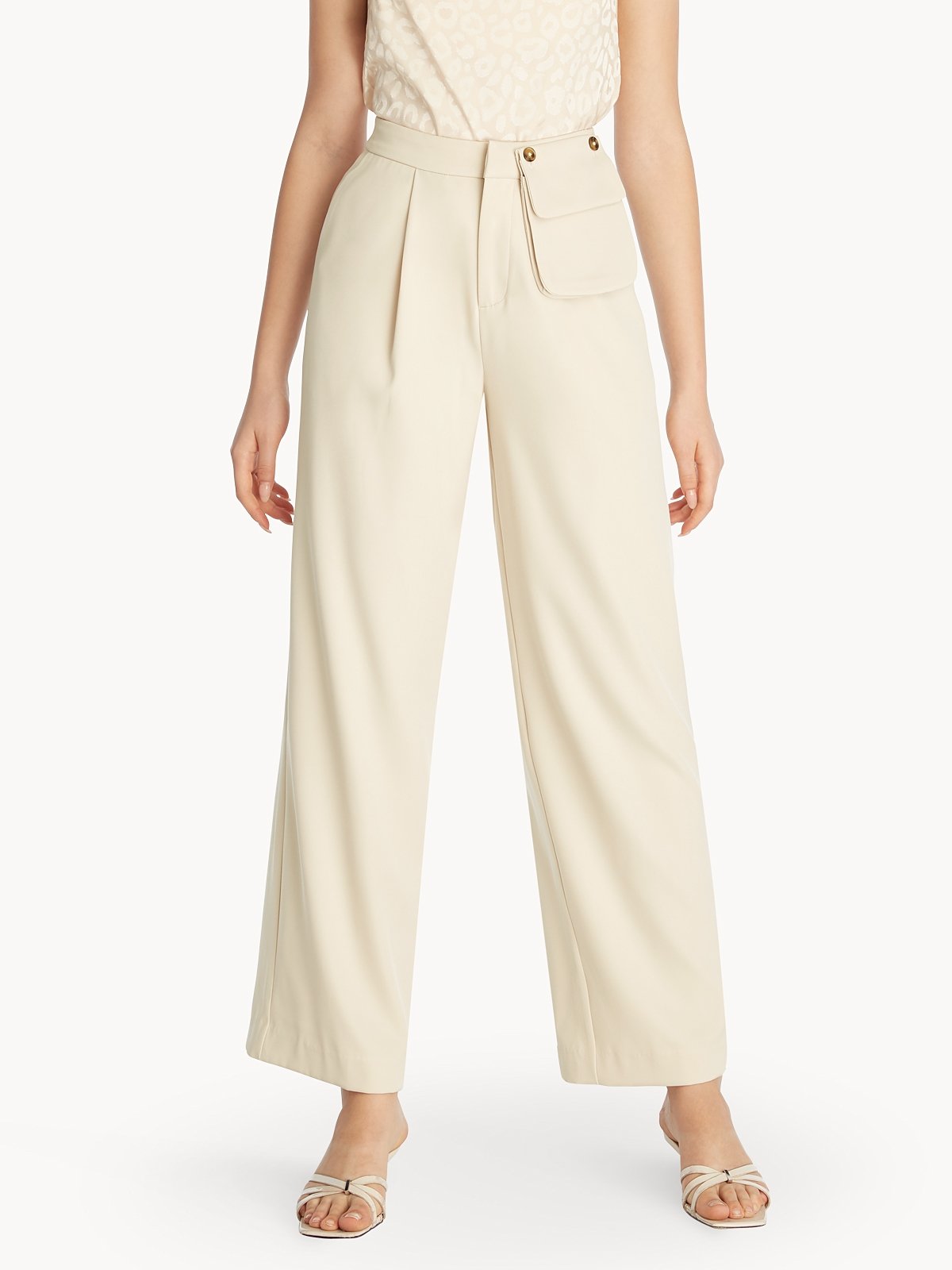 Front Pocket Wide Leg Pants - Cream - Pomelo Fashion
