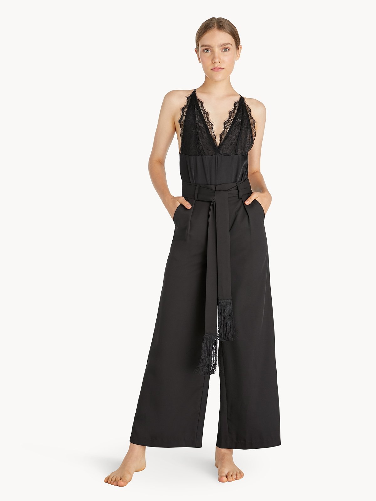 V Neck lace Open Back Bodysuit - Black - Pomelo Fashion