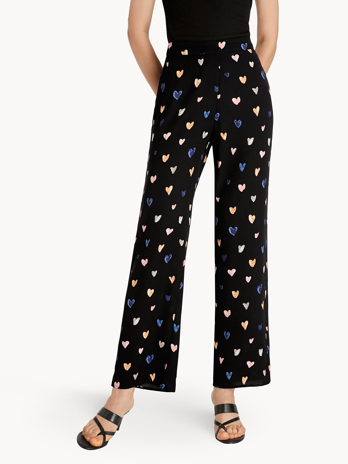 Heart Print Wide Leg Pants - Black - Pomelo Fashion