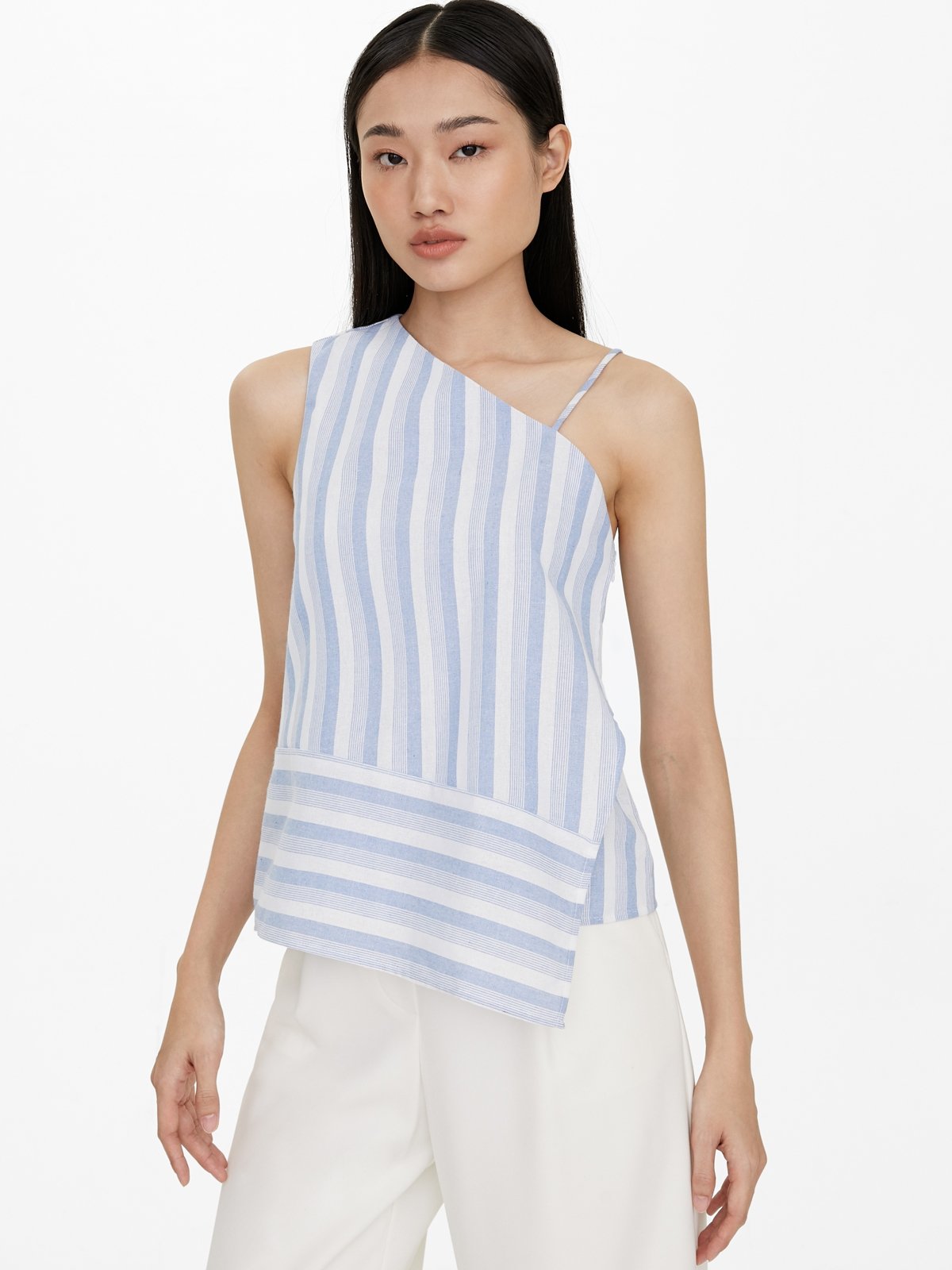 Striped One Shoulder Top - Blue - Pomelo Fashion
