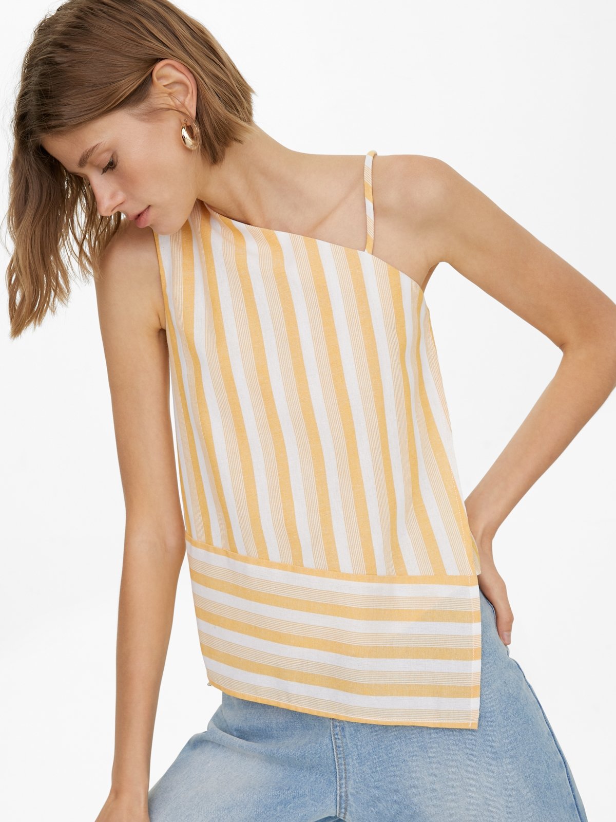Striped One Shoulder Top - Yellow - Pomelo Fashion