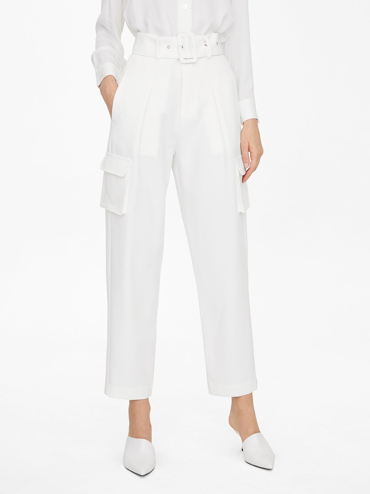 Belted Side Pocket Pants - White - Pomelo Fashion