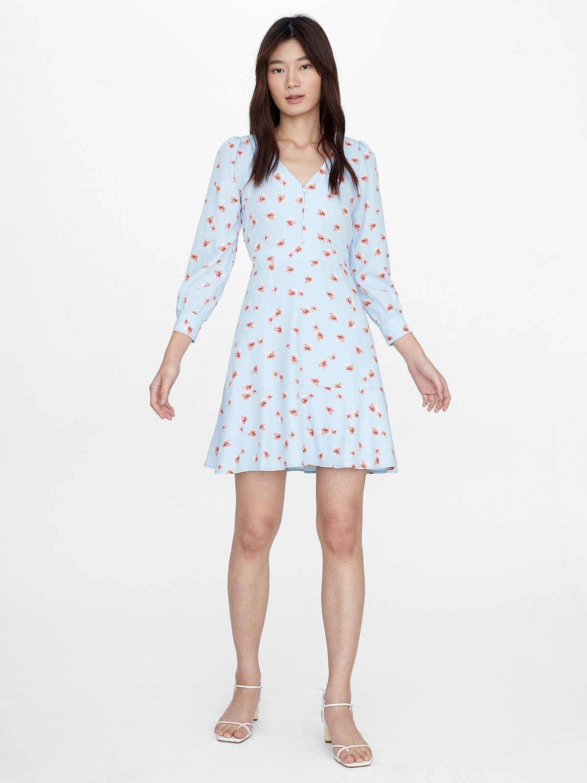 Pearl Button Floral Dress - Blue - Pomelo Fashion