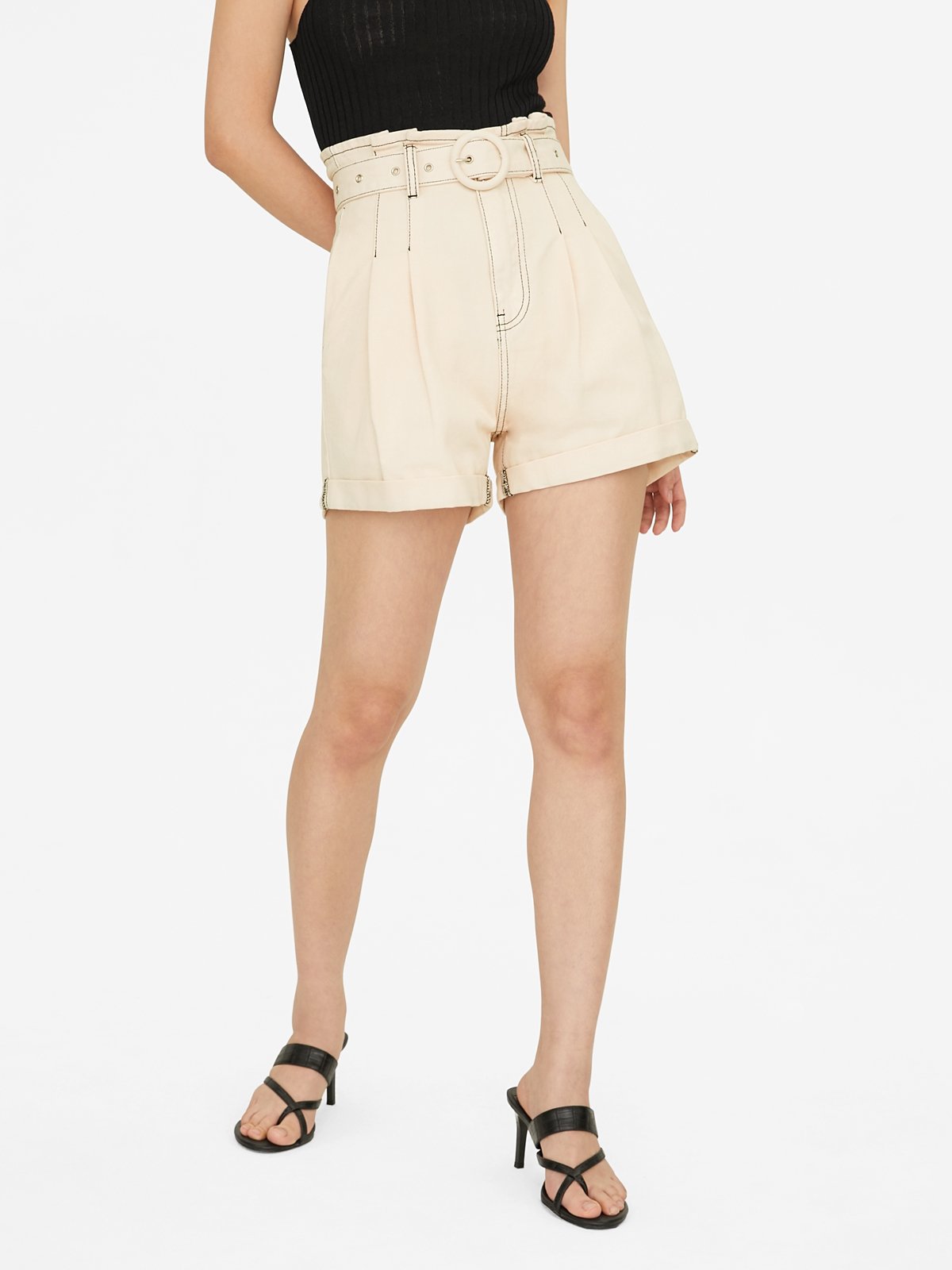 Contrast Stitch Paperbag Shorts - Cream - Pomelo Fashion