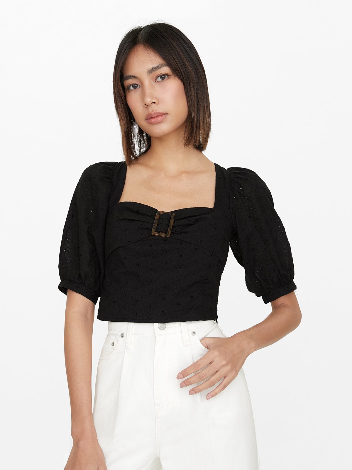 Front Buckle Puffed Sleeves Eyelet Top - Black - Pomelo Fashion