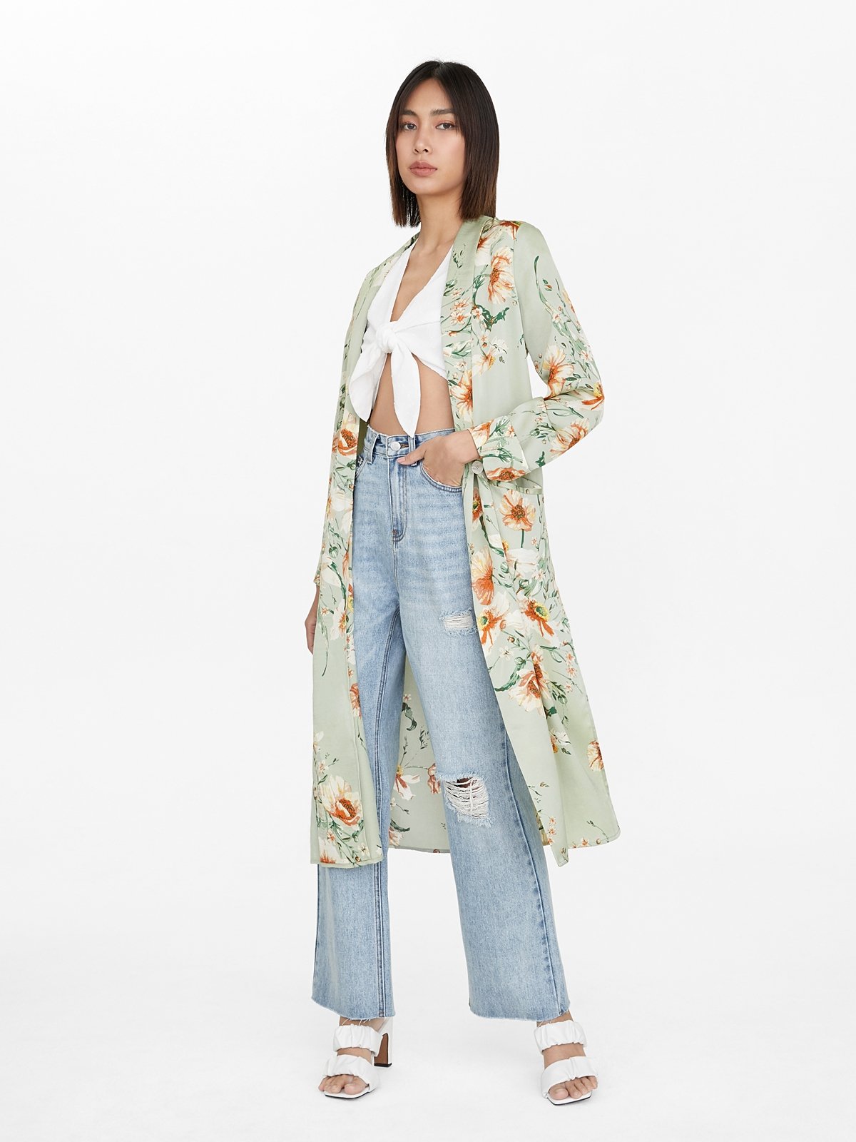 Floral Side Slit Robe - Green - Pomelo Fashion