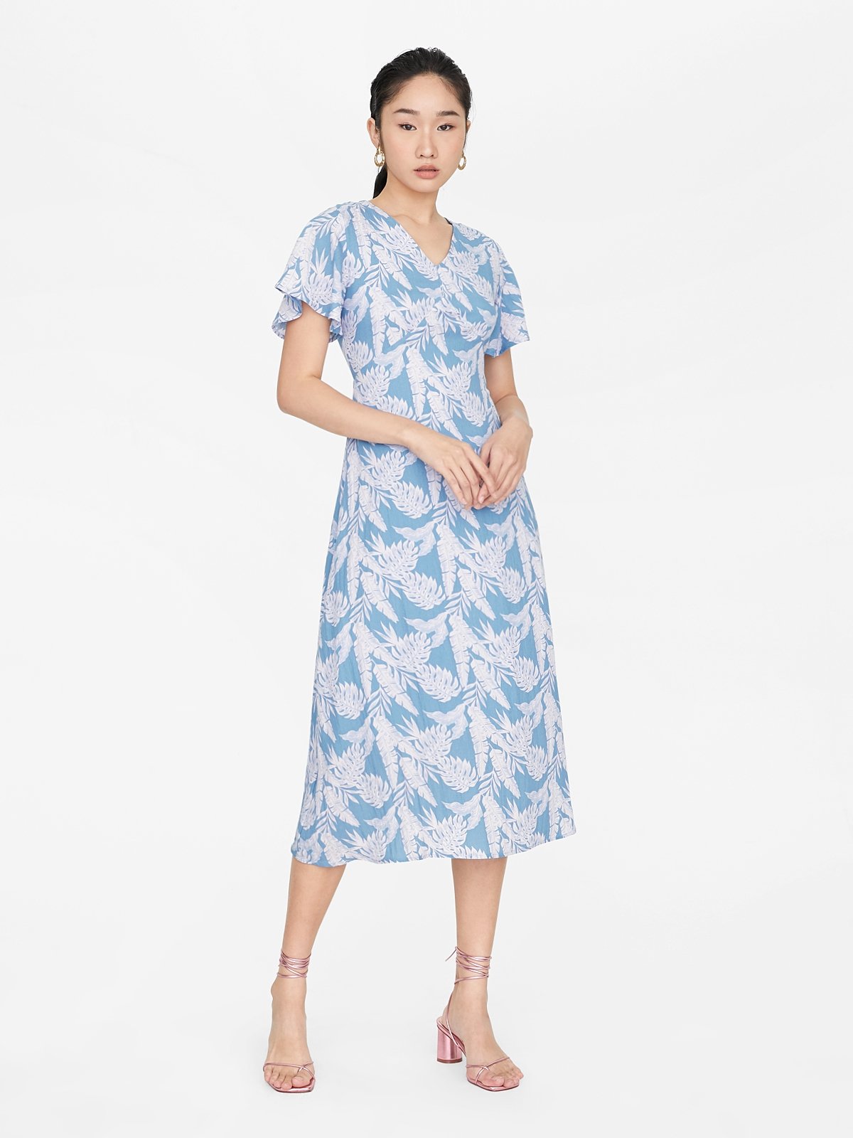 Midi Tropical Print Dress - Blue - Pomelo Fashion