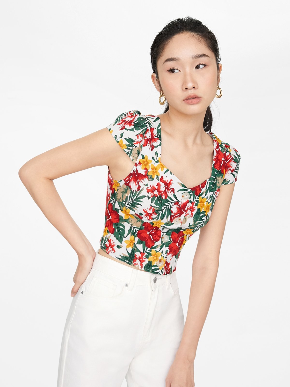 Tropical Print Crop Top - White - Pomelo Fashion