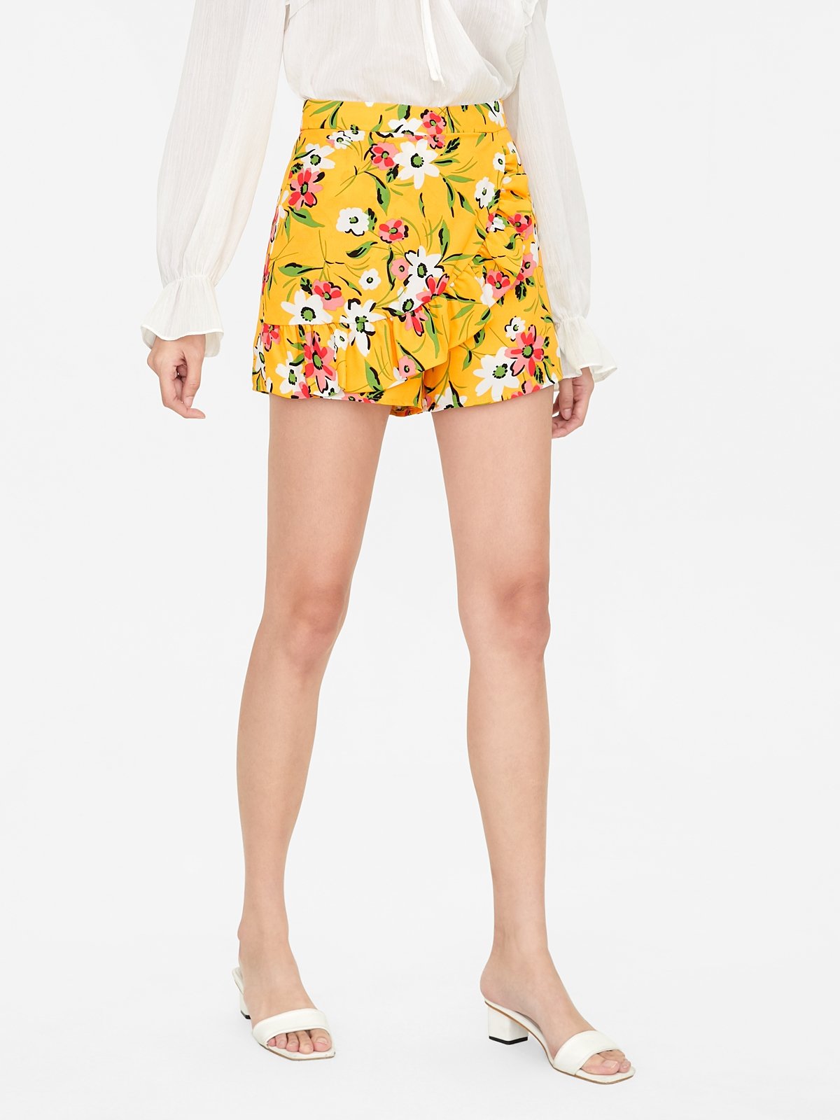 Floral Side Ruffle Skort - Yellow - Pomelo Fashion