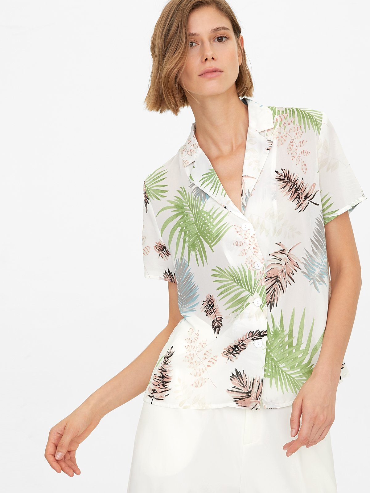 Palm Leaf Print Button Up Shirt - White - Pomelo Fashion