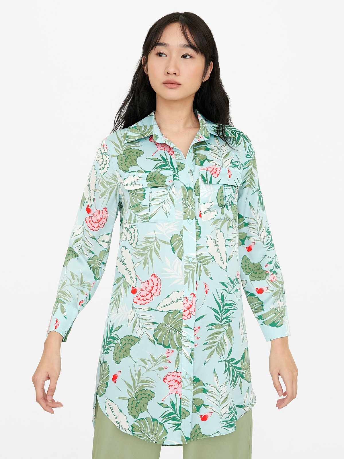 Long Sleeve Floral Shirt Dress - Blue - Pomelo Fashion