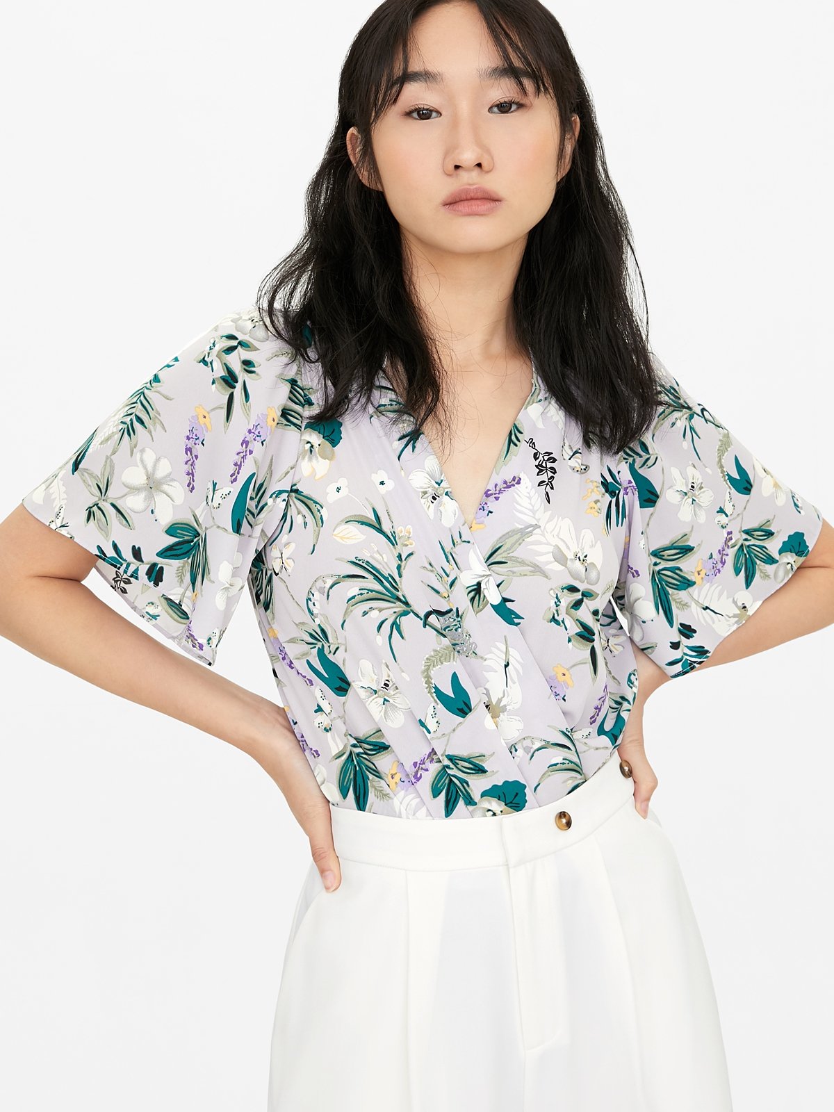 Tropical Print V Neck Bodysuit - Purple - Pomelo Fashion