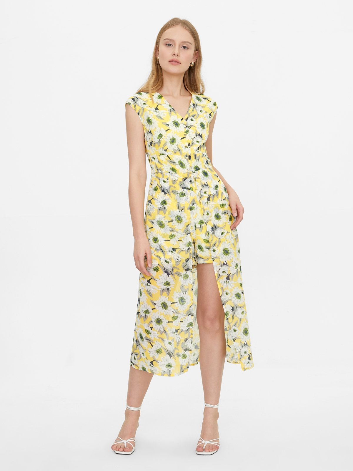 Button Up Floral Romper Dress - Yellow - Pomelo Fashion