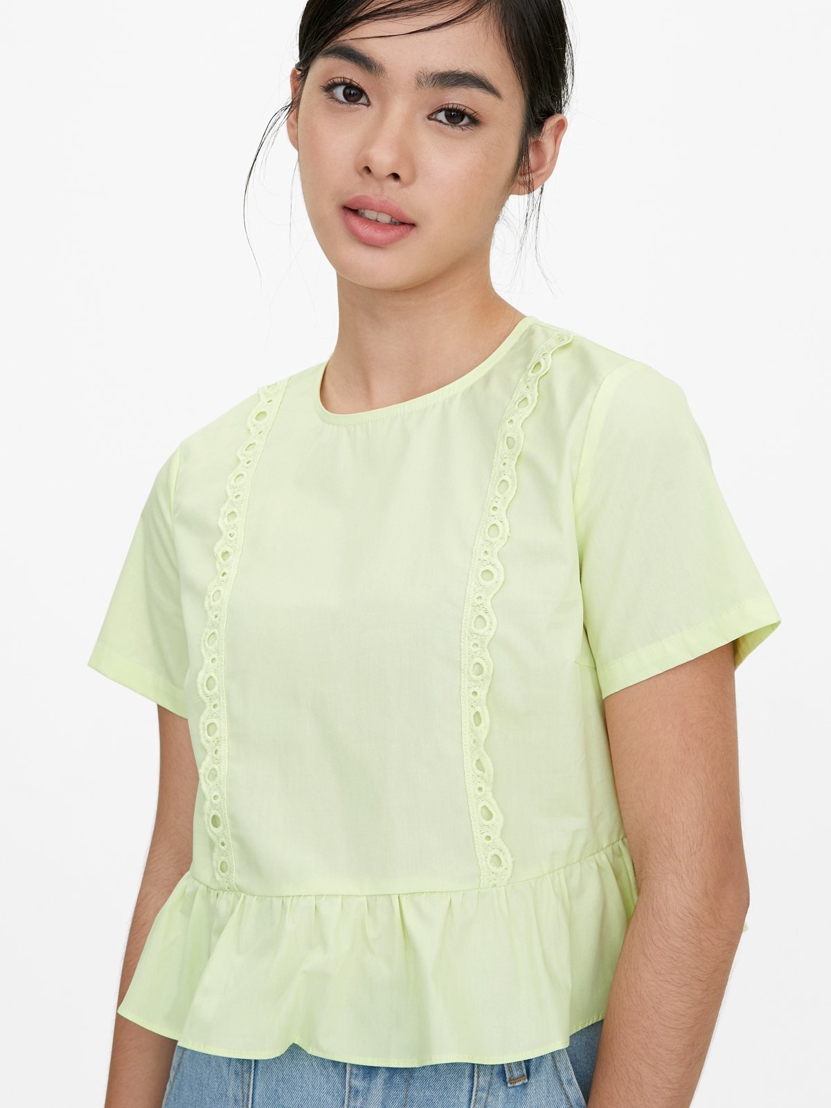Circle Eyelet Detail Peplum Blouse - Lemon - Pomelo Fashion