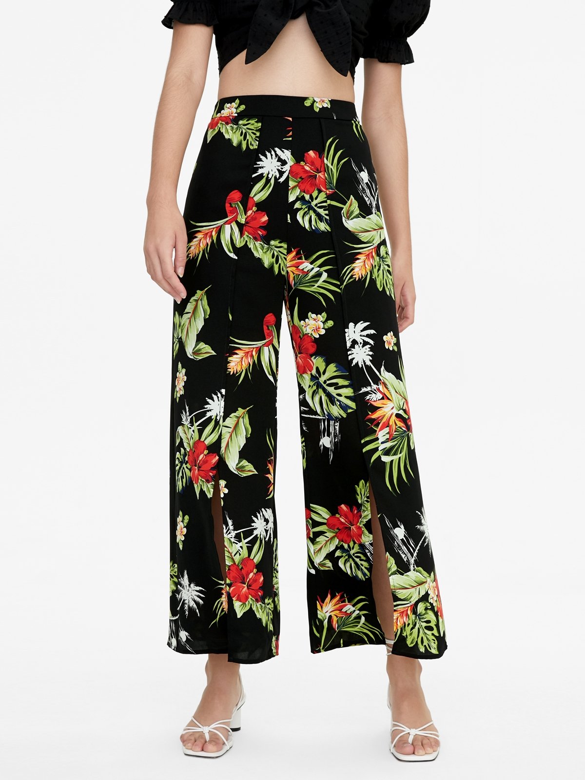 Tropical Print Front Slit Pants - Black - Pomelo Fashion