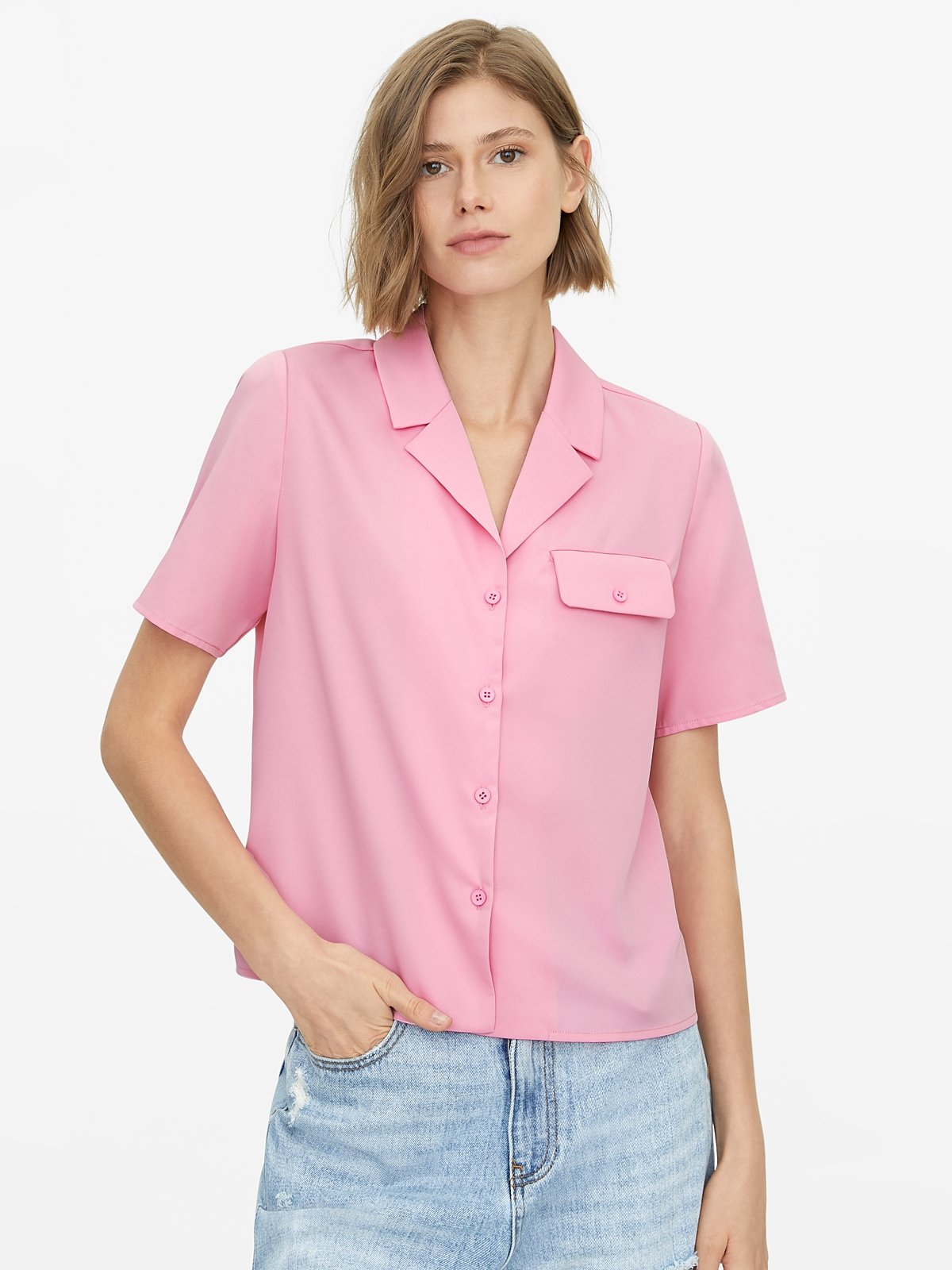 Satin Front Pocket Button Up - Pink - Pomelo Fashion