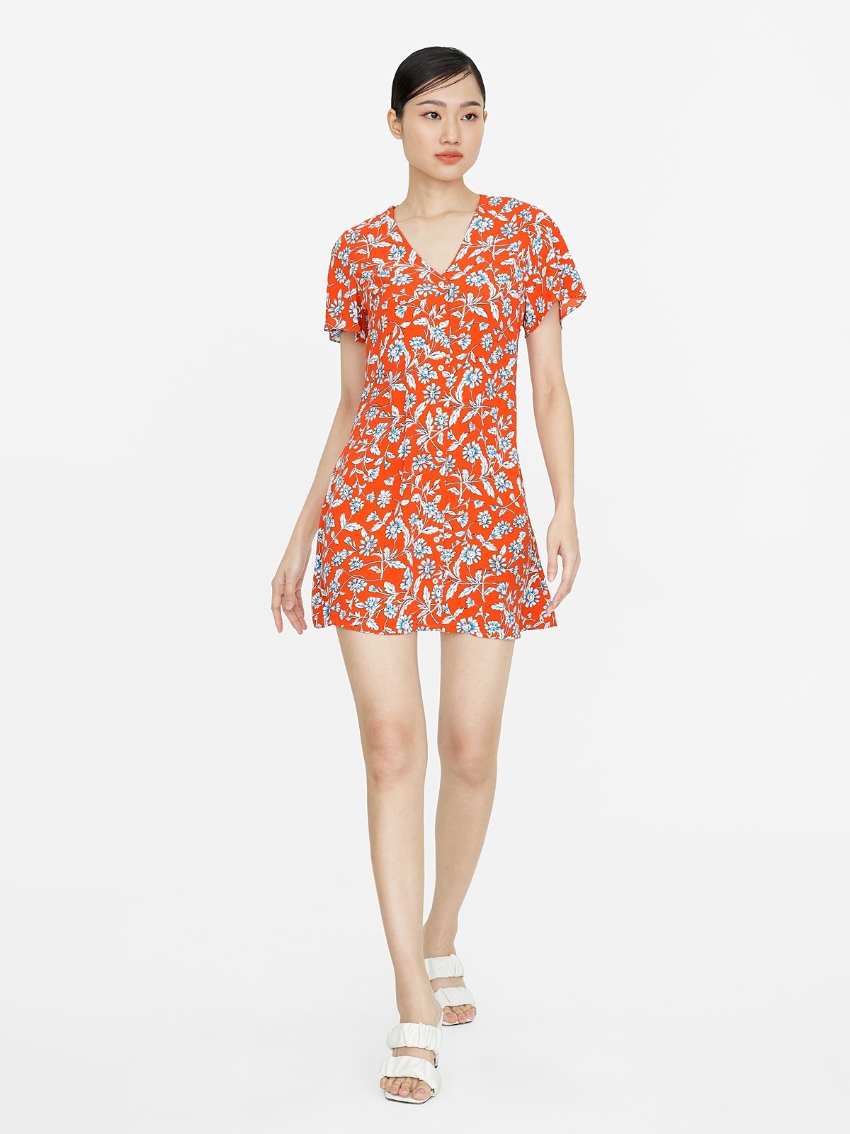 Mini Buttoned Down Floral Dress - Orange - Pomelo Fashion