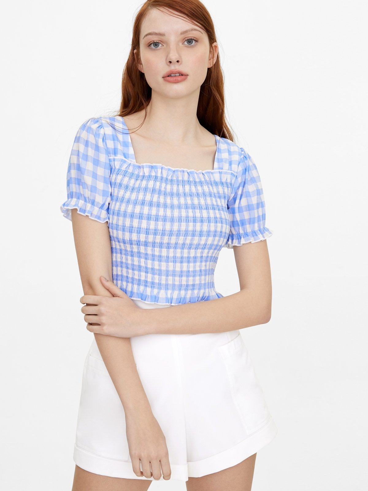 Ruched Gingham Crop Top - Blue - Pomelo Fashion