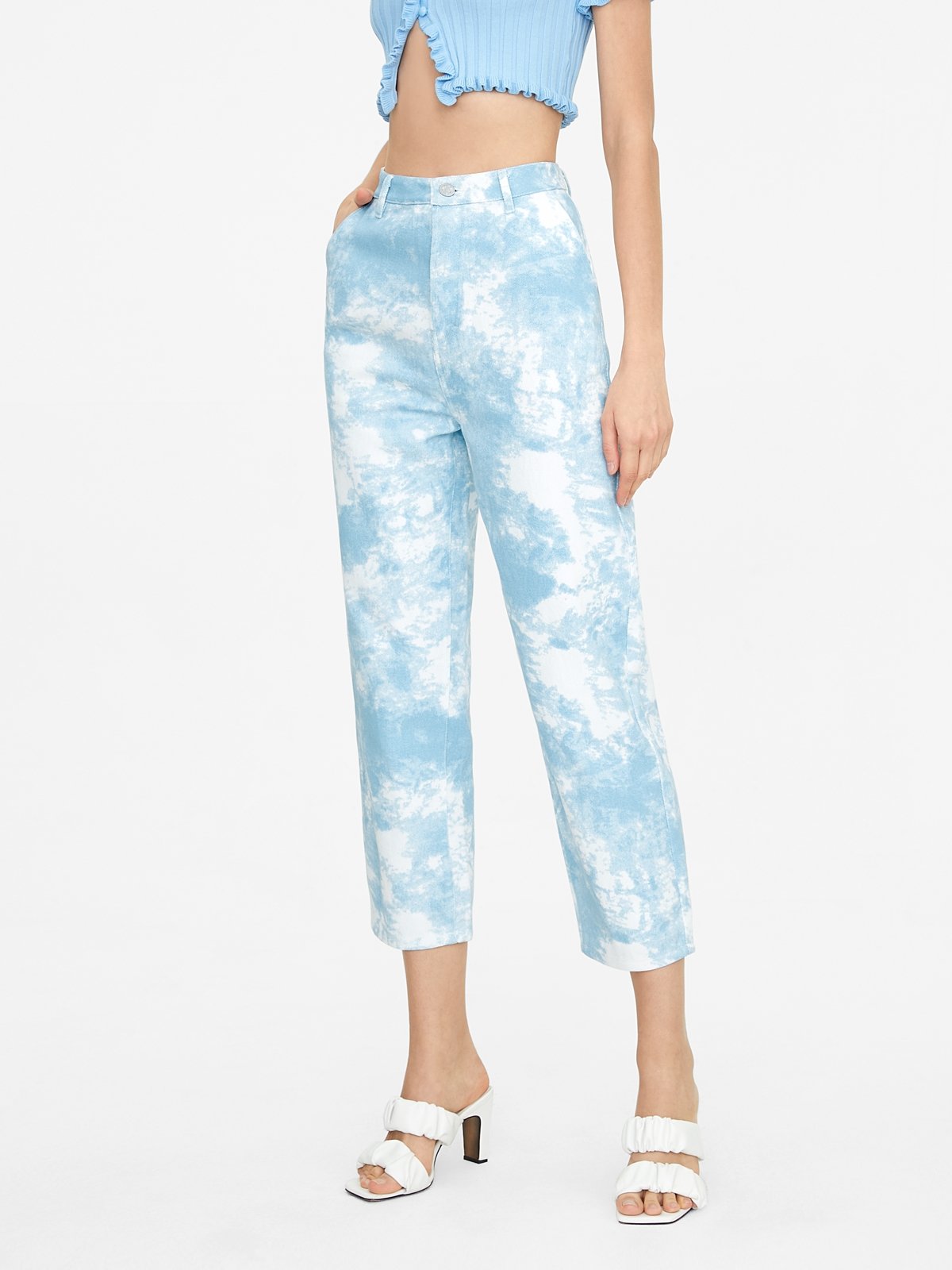 Abstract Print Straight Jeans - Blue - Pomelo Fashion