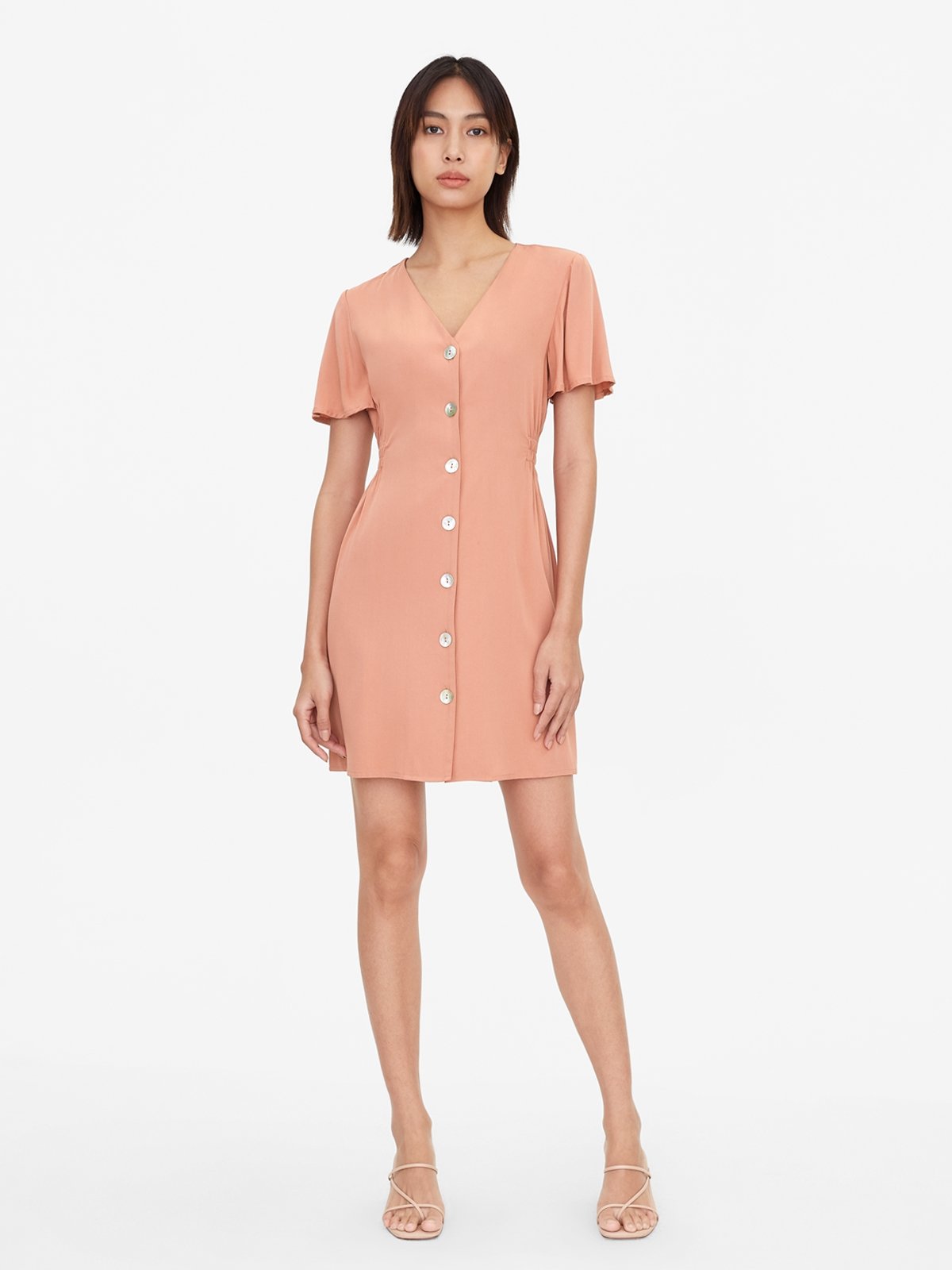 Ruched Waist Button Up Dress - Pink - Pomelo Fashion