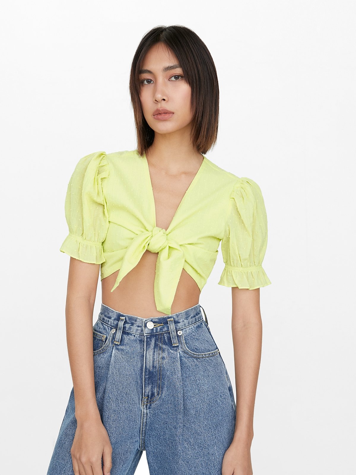 Puffed Sleeves Crop Tie Top - Green - Pomelo Fashion