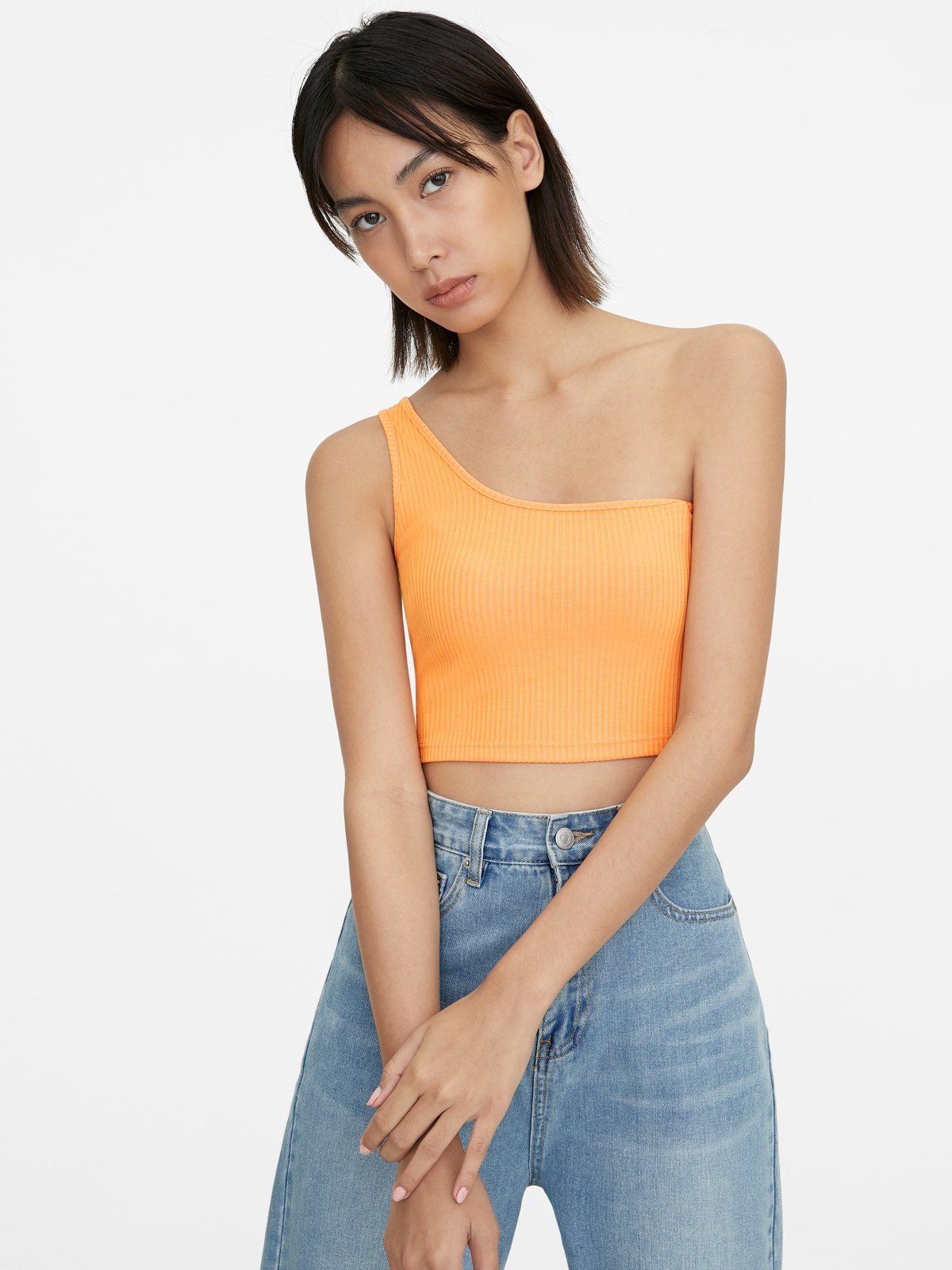 Ribbed One Shoulder Crop Top - Orange - Pomelo Fashion