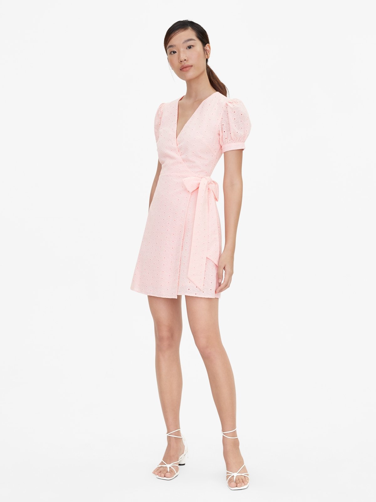 Mini Eyelet Side Bow Dress - Pink - Pomelo Fashion