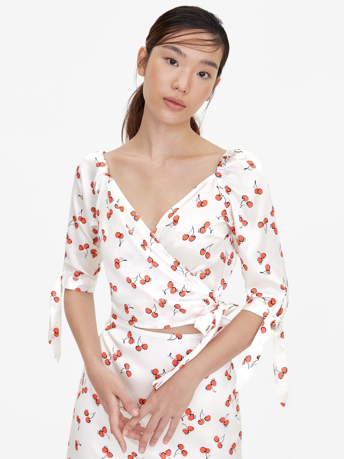 Wrap Cherry Print Crop Top - White - Pomelo Fashion