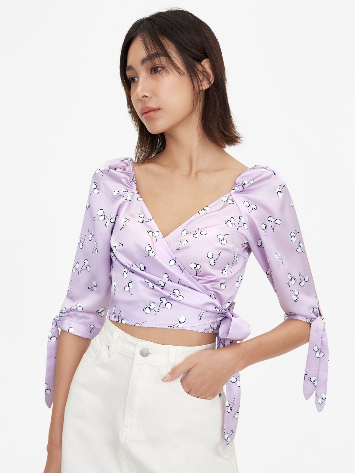 Wrap Cherry Print Crop Top - Purple - Pomelo Fashion