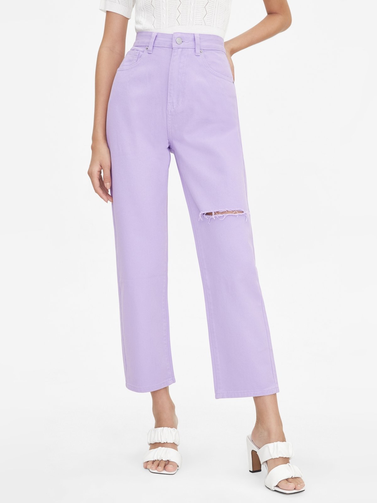 Single Ripped High Waist Denim Pants - Purple - Pomelo Fashion