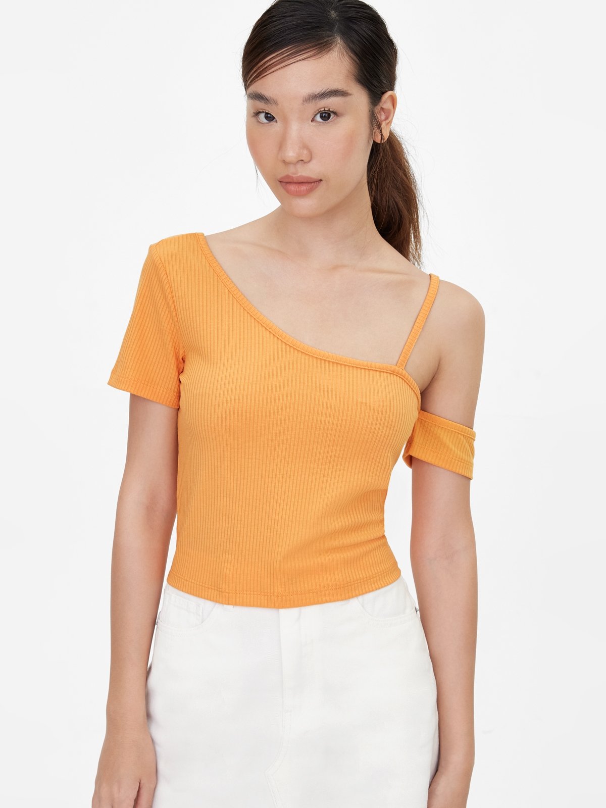 One Shoulder Strap Crop Top - Orange - Pomelo Fashion