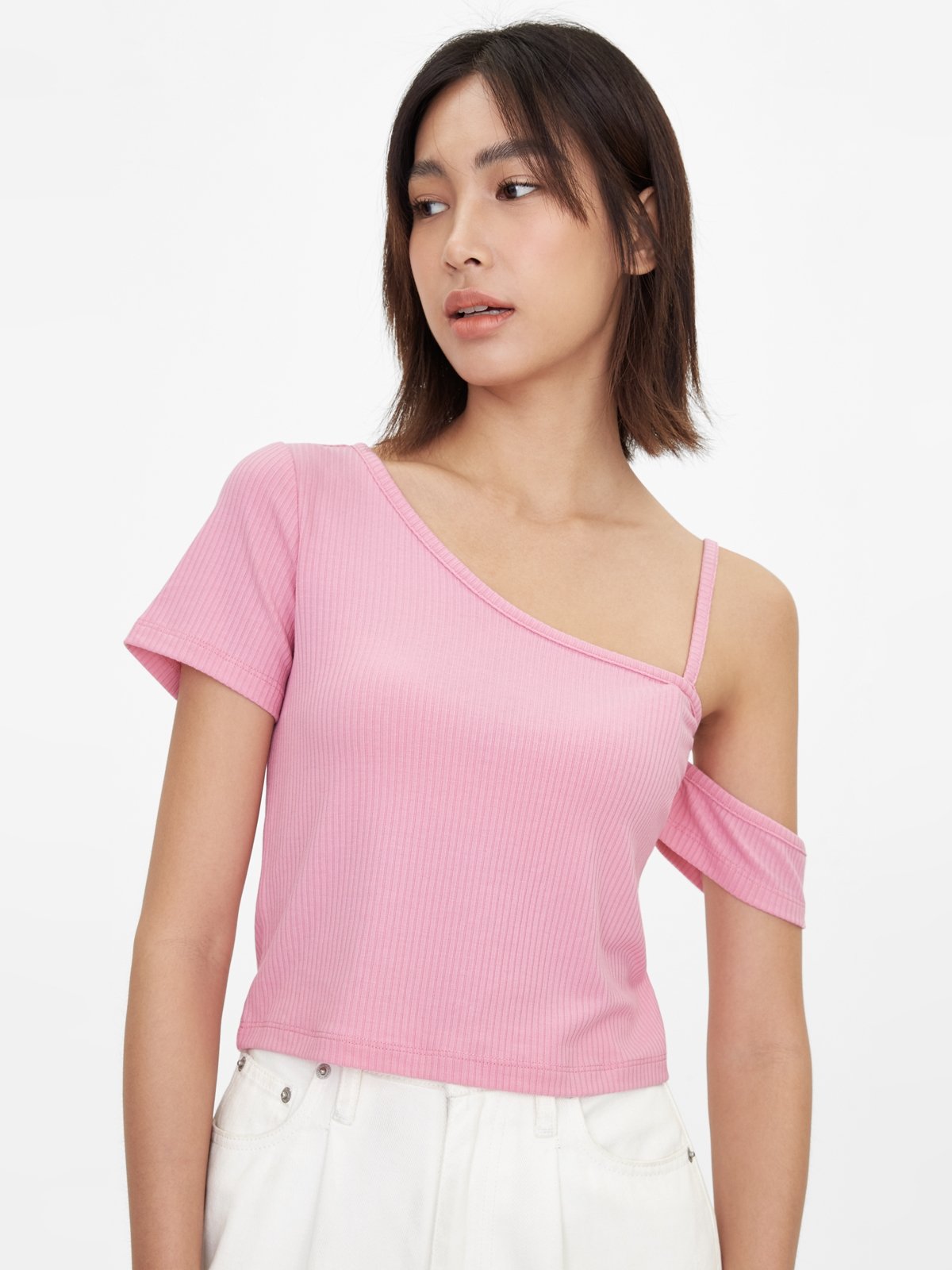 One Shoulder Strap Crop Top - Pink - Pomelo Fashion