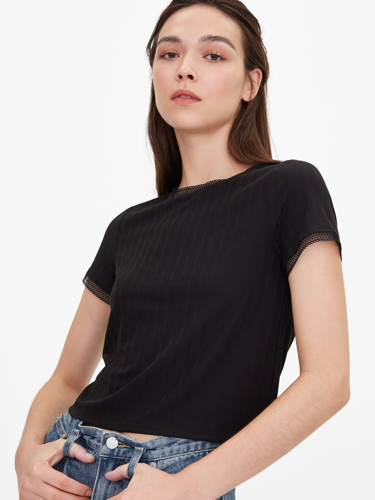 Eyelet Hem Ribbed Tee - Black - Pomelo Fashion