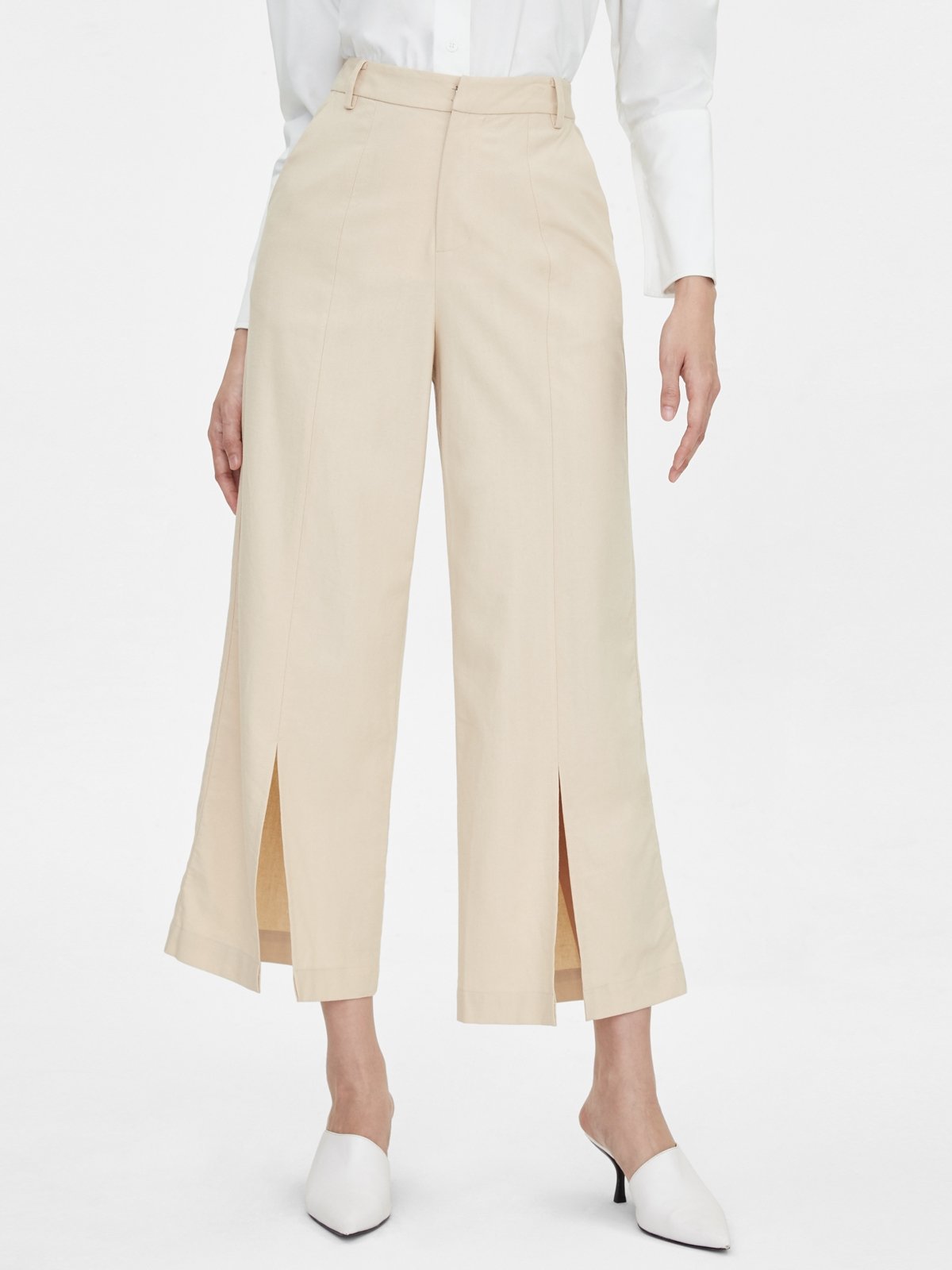 Front Slits Wide Leg Pants - Beige - Pomelo Fashion