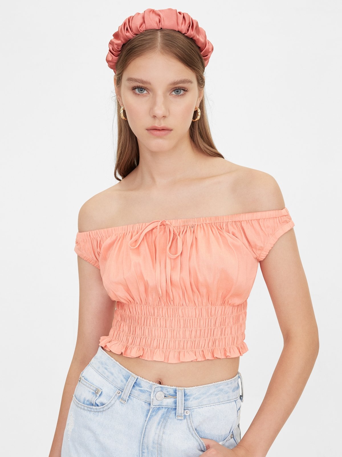 Off Shoulder Smock Crop Top Pink Pomelo Fashion