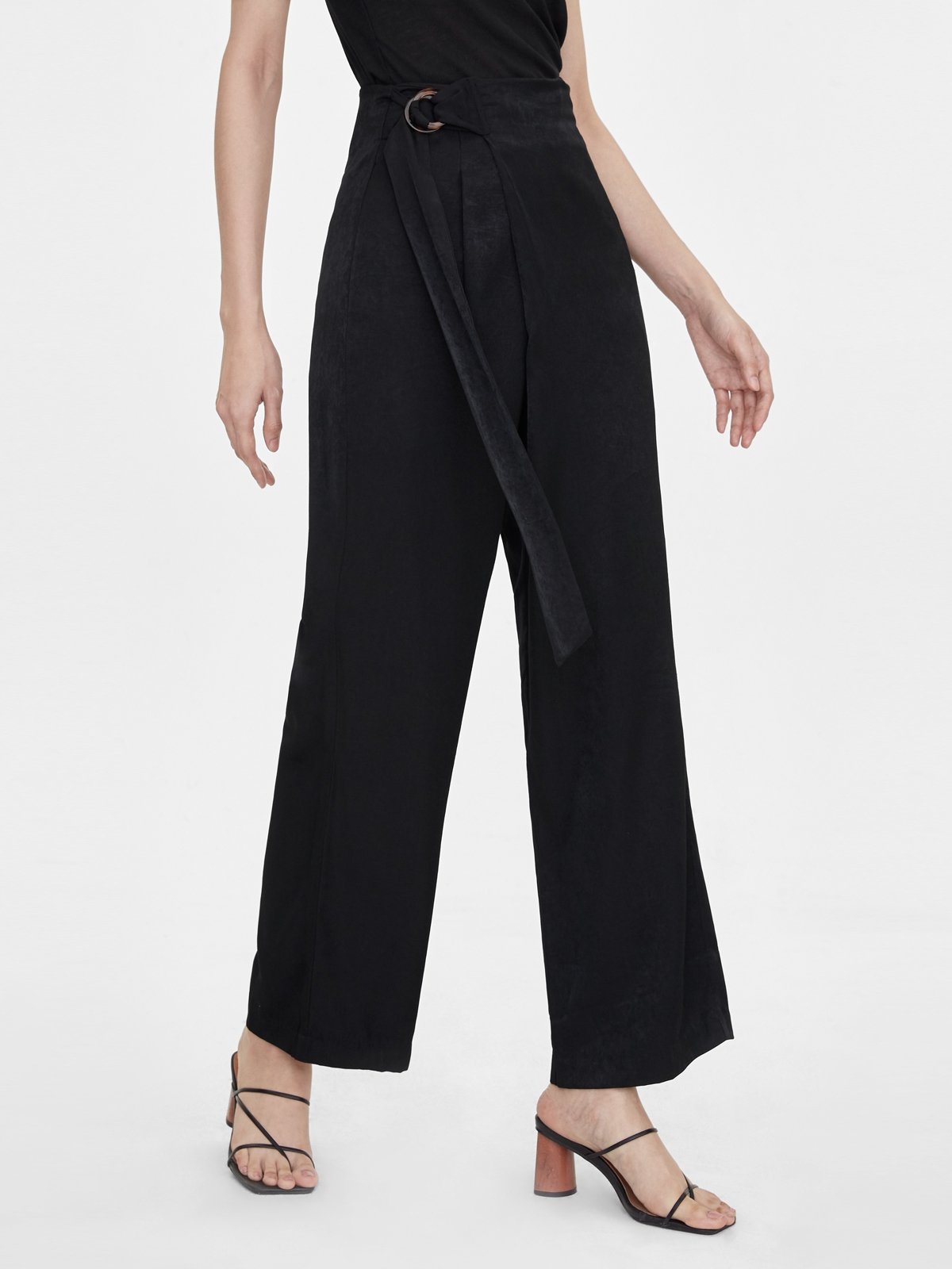 Wrap Buckle Belted Wide Leg Pants - Black - Pomelo Fashion