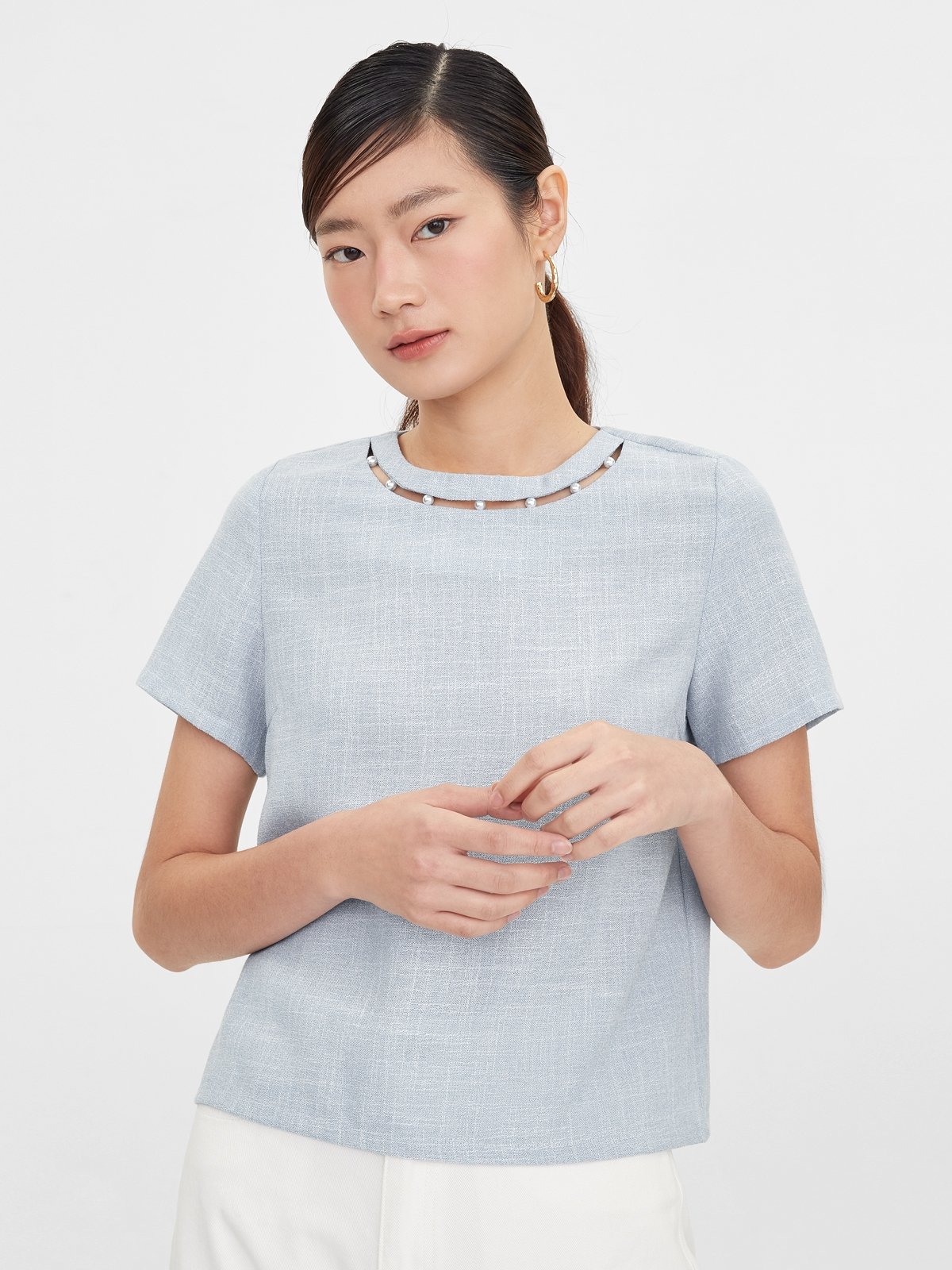 Tweed Pearl Accent Neck Top - Blue - Pomelo Fashion
