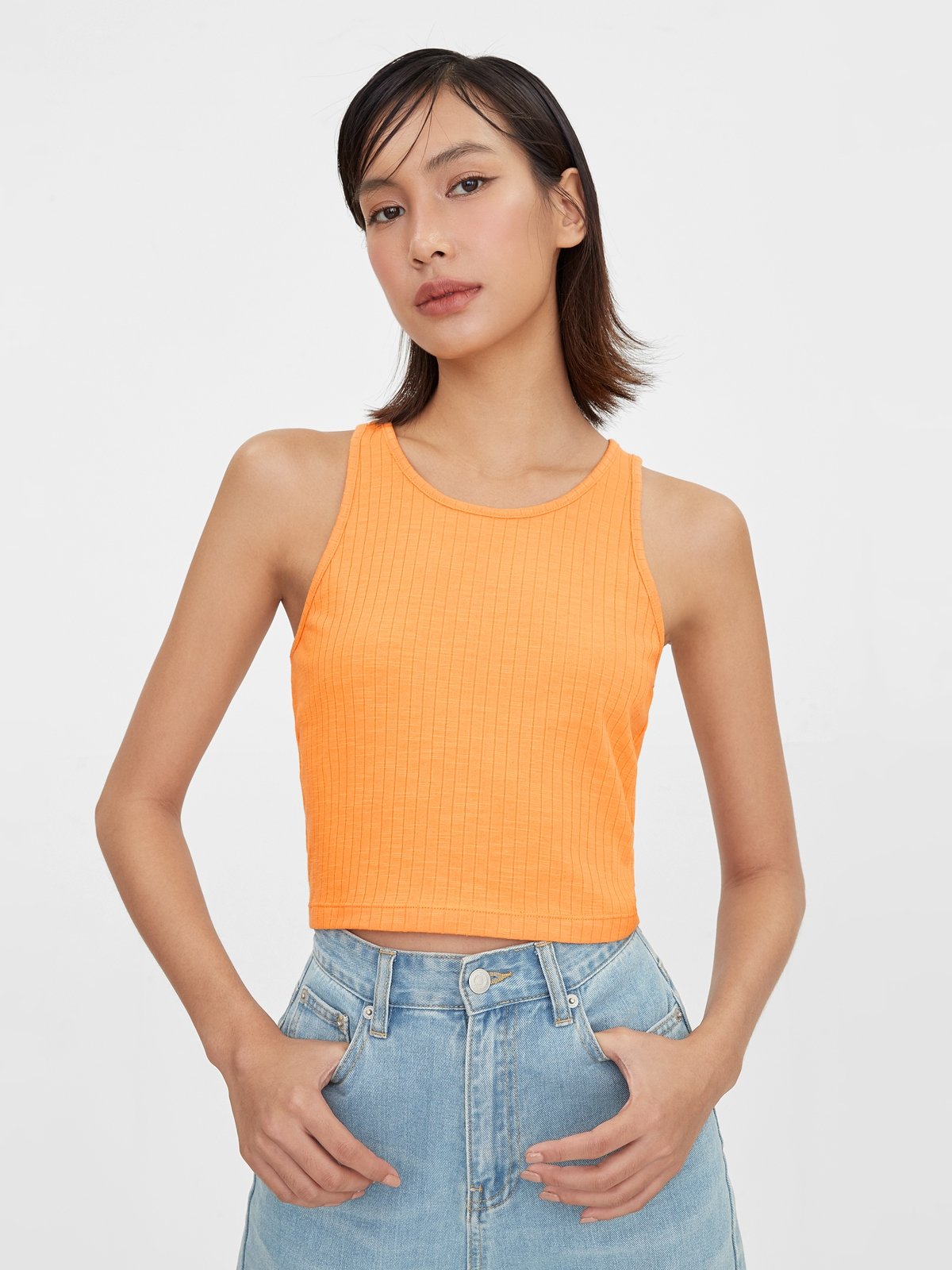 Round Neck Ribbed Tank - Orange - Pomelo Fashion