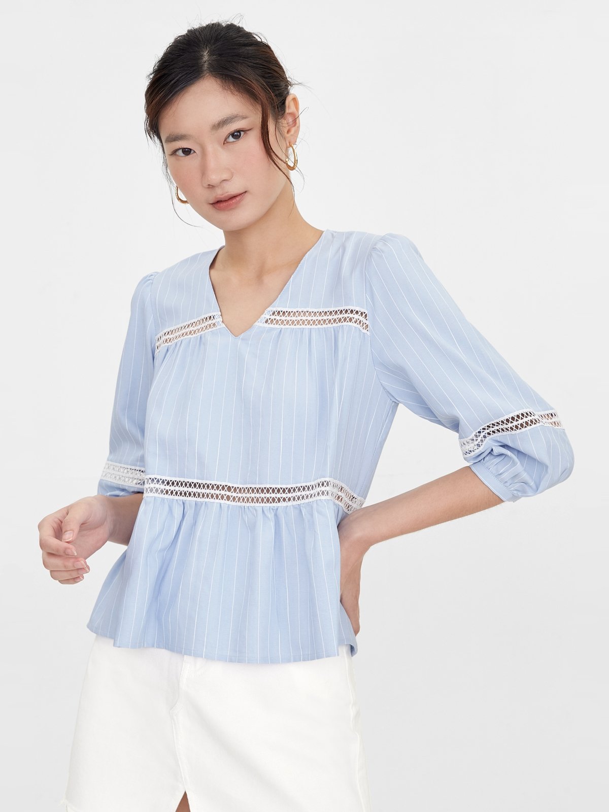 Striped V Neck Ruffle Top - Blue - Pomelo Fashion