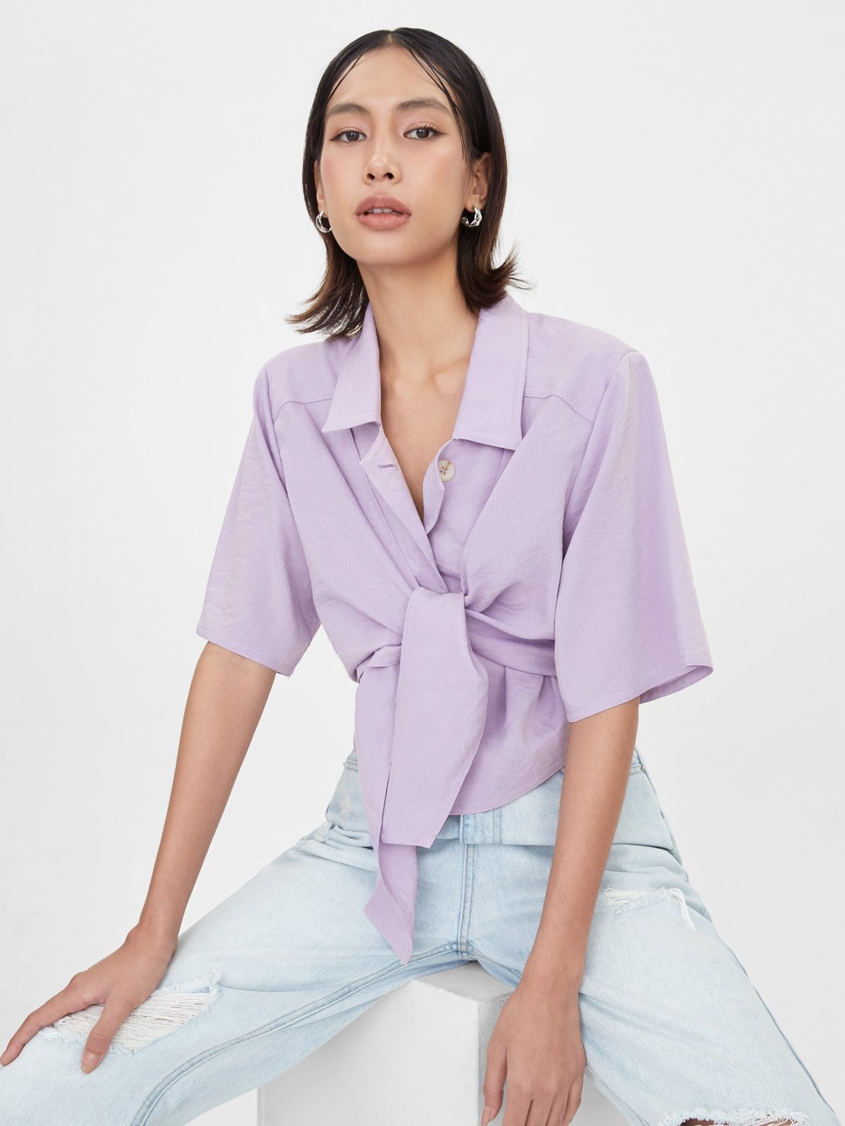 Oversized Front Knot Shirt - Purple - Pomelo Fashion