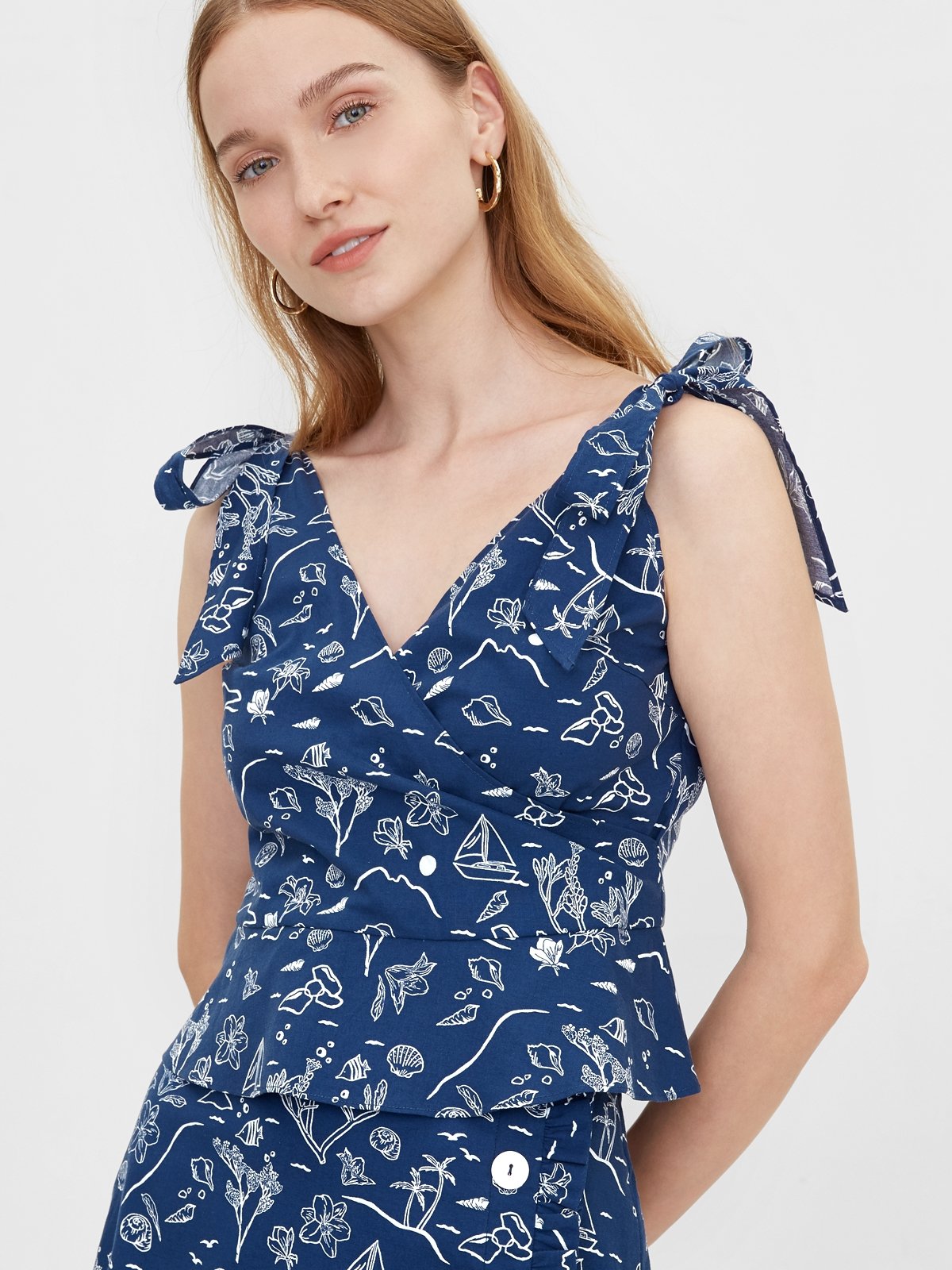 Purpose Beach Print Bow Tie Tank - Navy - Pomelo Fashion