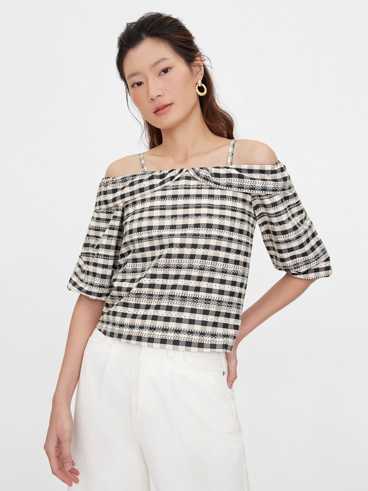Embroidered Gingham Cold Shoulder Top - Black - Pomelo Fashion