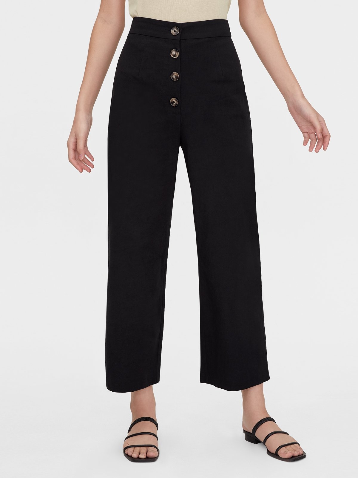 Front Button Wide Leg Pants - Black - Pomelo Fashion