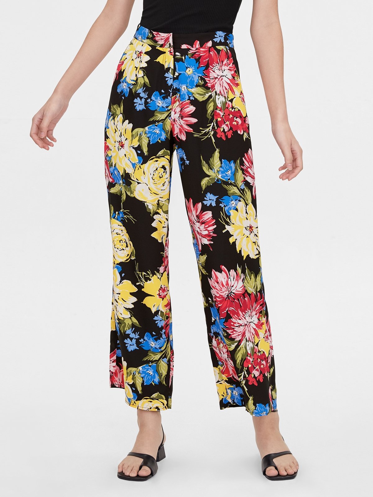 Bold Floral Wide Leg Pants - Black - Pomelo Fashion