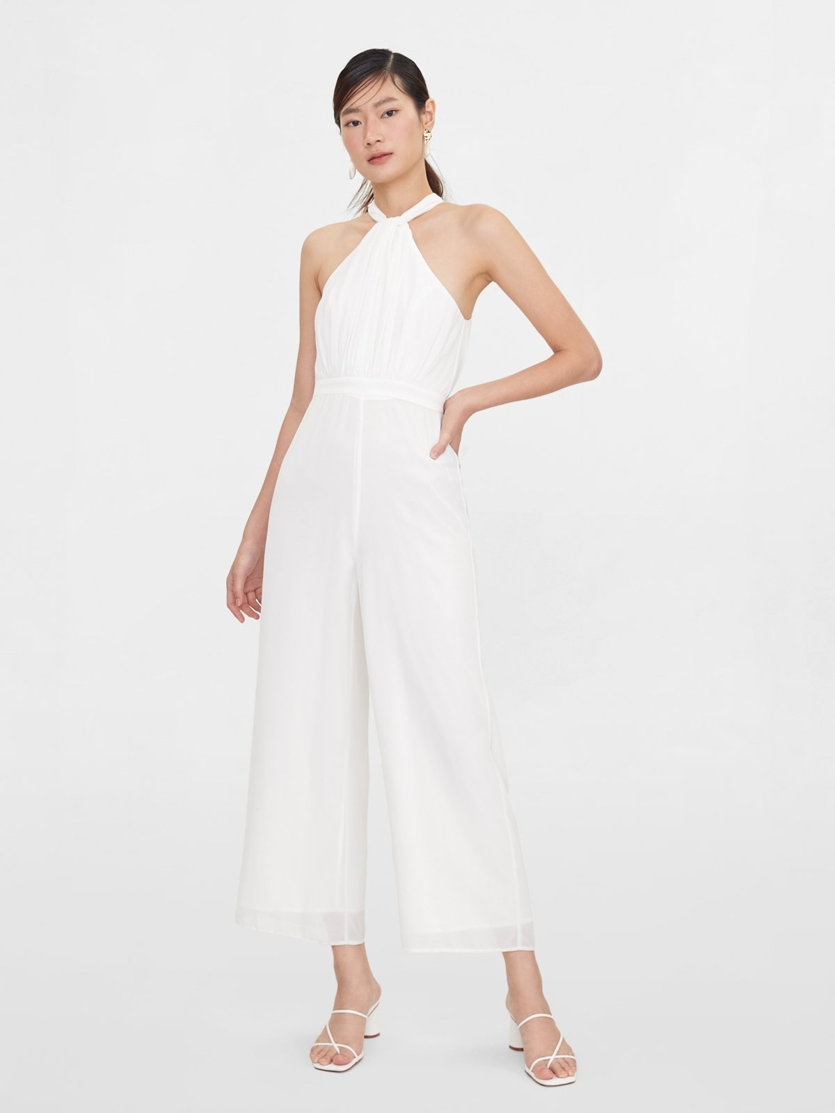 Halter Neck Jumpsuit - White - Pomelo Fashion